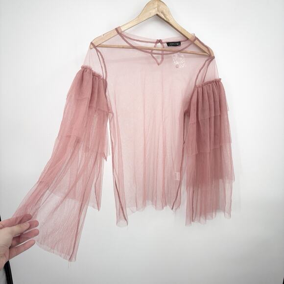 Mango | Tops | Boho Mesh Top Womens Large Pink Fairy Bell Sleeve Indie ...